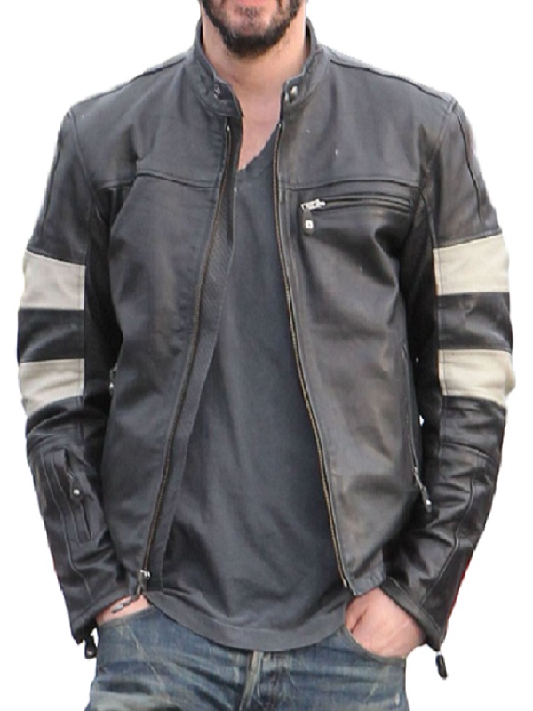 Men's Elegant Strip Design Keanu Reeves Motorcycle Leather Jacket